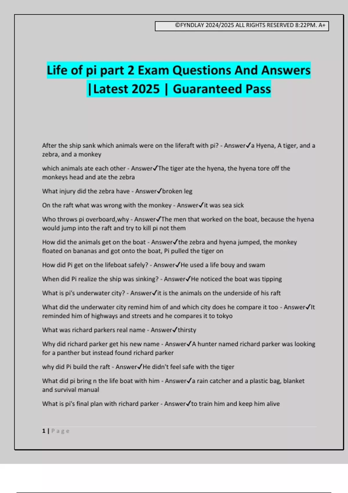 Life of pi part 2 Exam Questions And Answers |Latest 2025 | Guaranteed ...