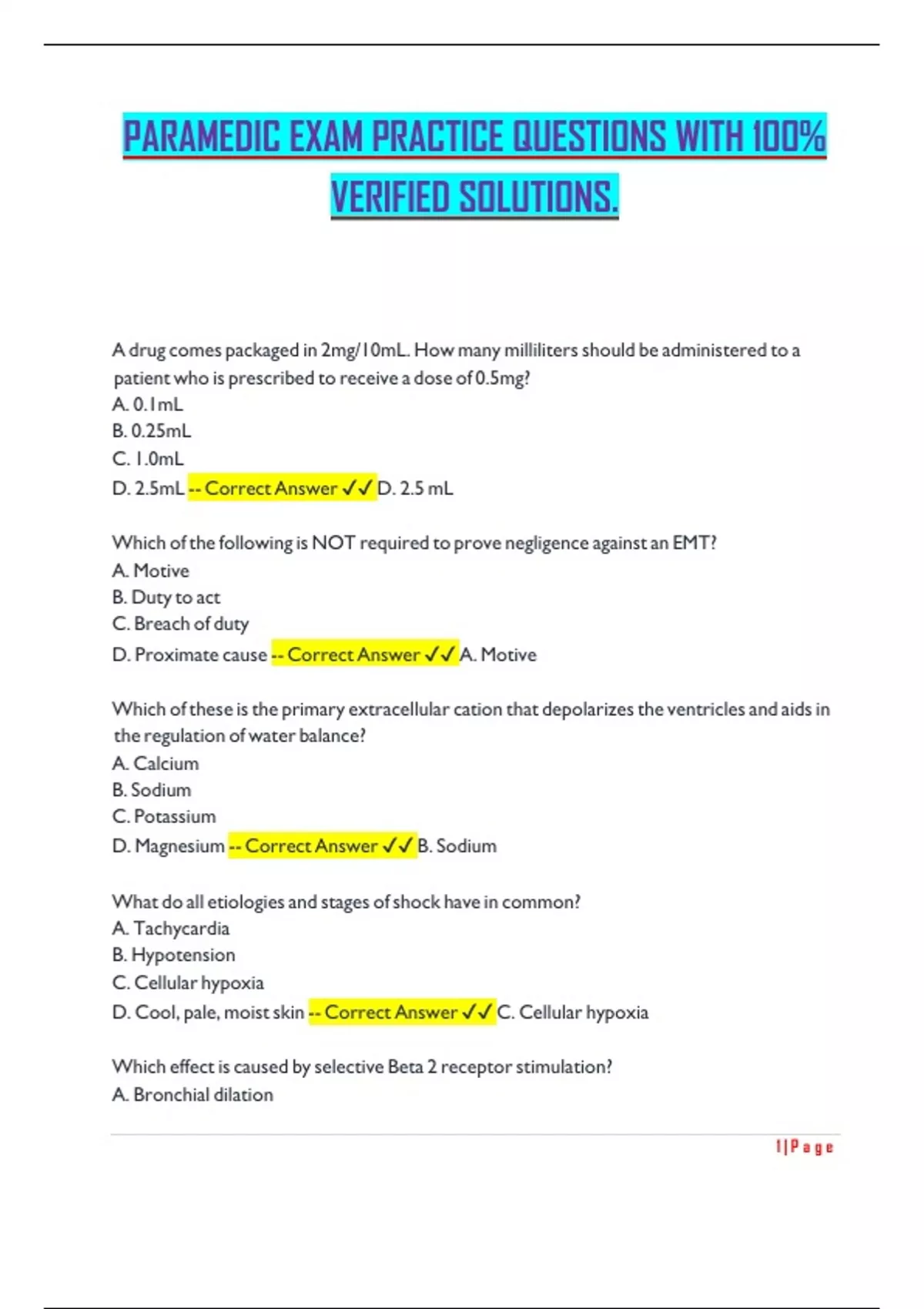 PARAMEDIC EXAM PRACTICE QUESTIONS WITH 100% VERIFIED SOLUTIONS ...
