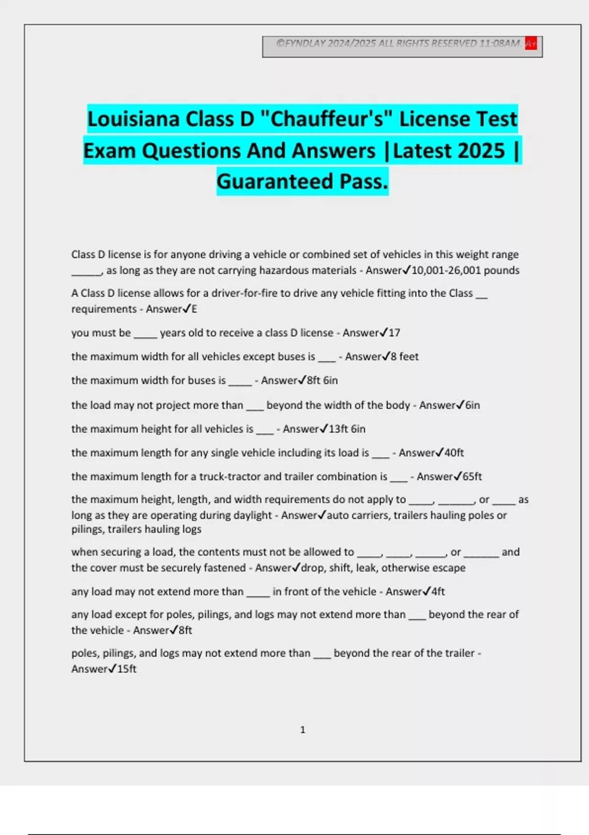 Louisiana Class D "Chauffeur's" License Test Exam Questions And Answers ...