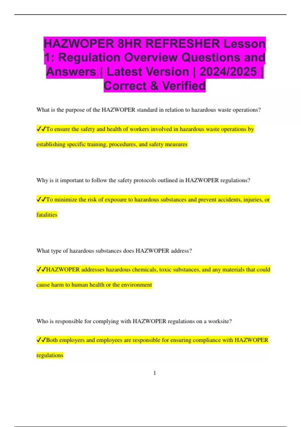 HAZWOPER 8HR REFRESHER Lesson 1: Regulation Overview Questions and ...