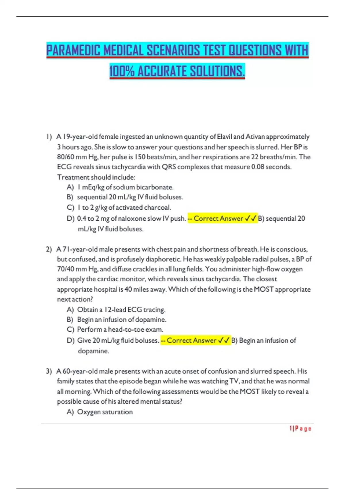 PARAMEDIC MEDICAL SCENARIOS TEST QUESTIONS WITH 100% ACCURATE SOLUTIONS ...