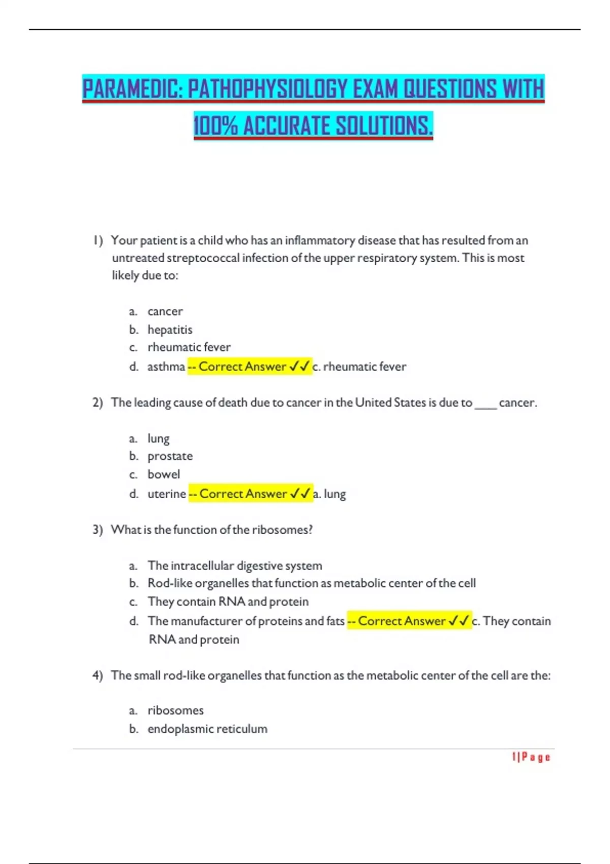 PARAMEDIC PATHOPHYSIOLOGY EXAM QUESTIONS WITH 100% ACCURATE SOLUTIONS ...