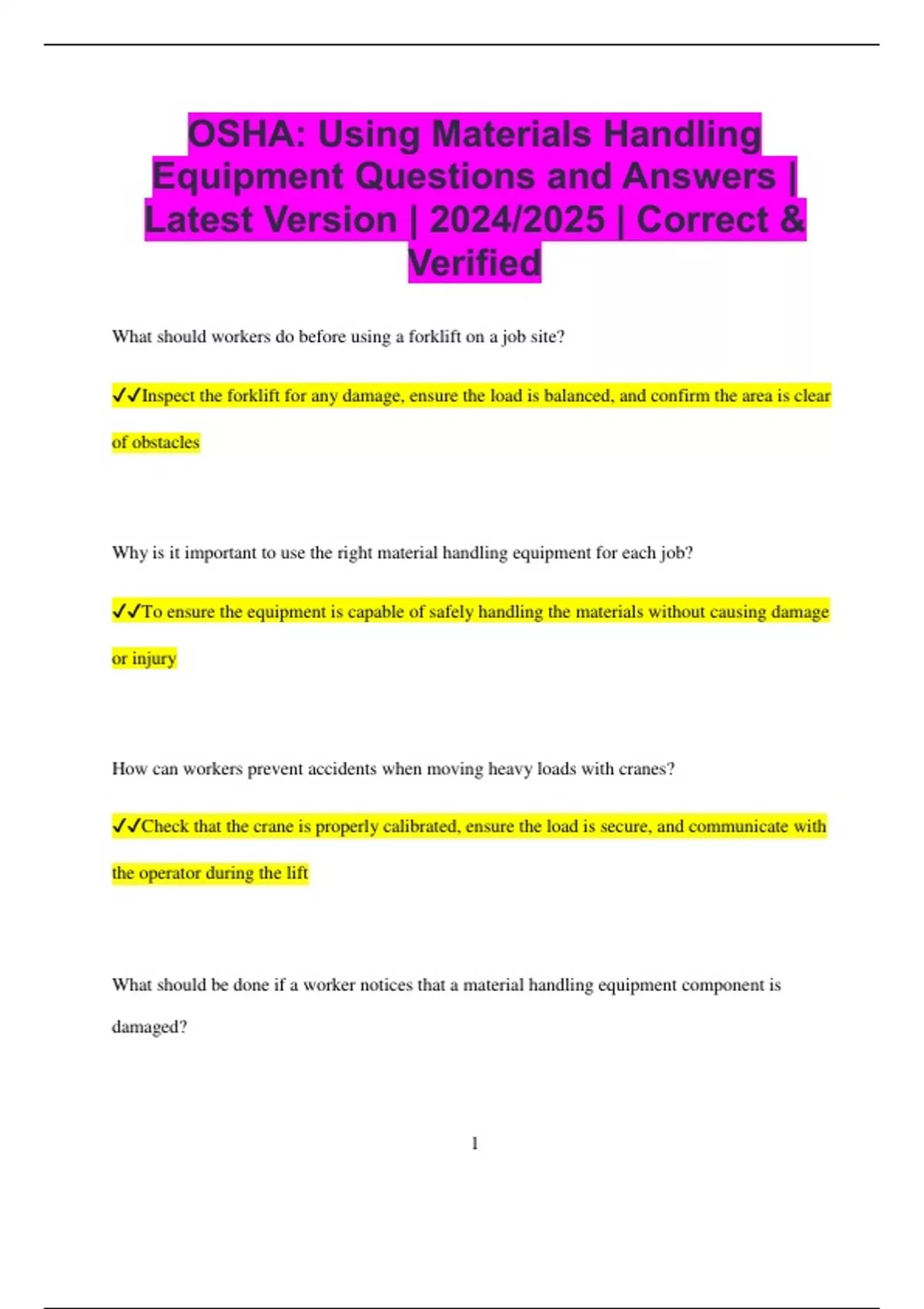 OSHA: Using Materials Handling Equipment Questions and Answers | Latest ...