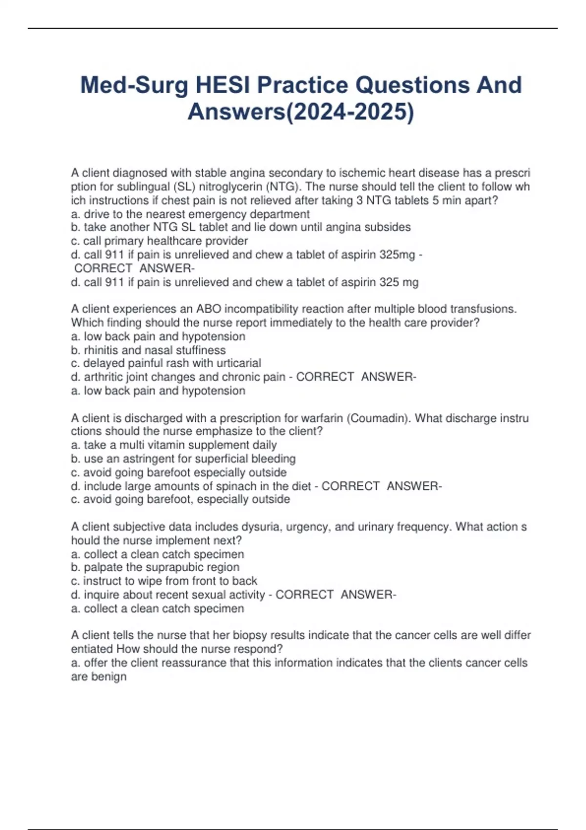 Med-Surg HESI Practice Questions And Answers() - Med-Surg HESI - Stuvia US