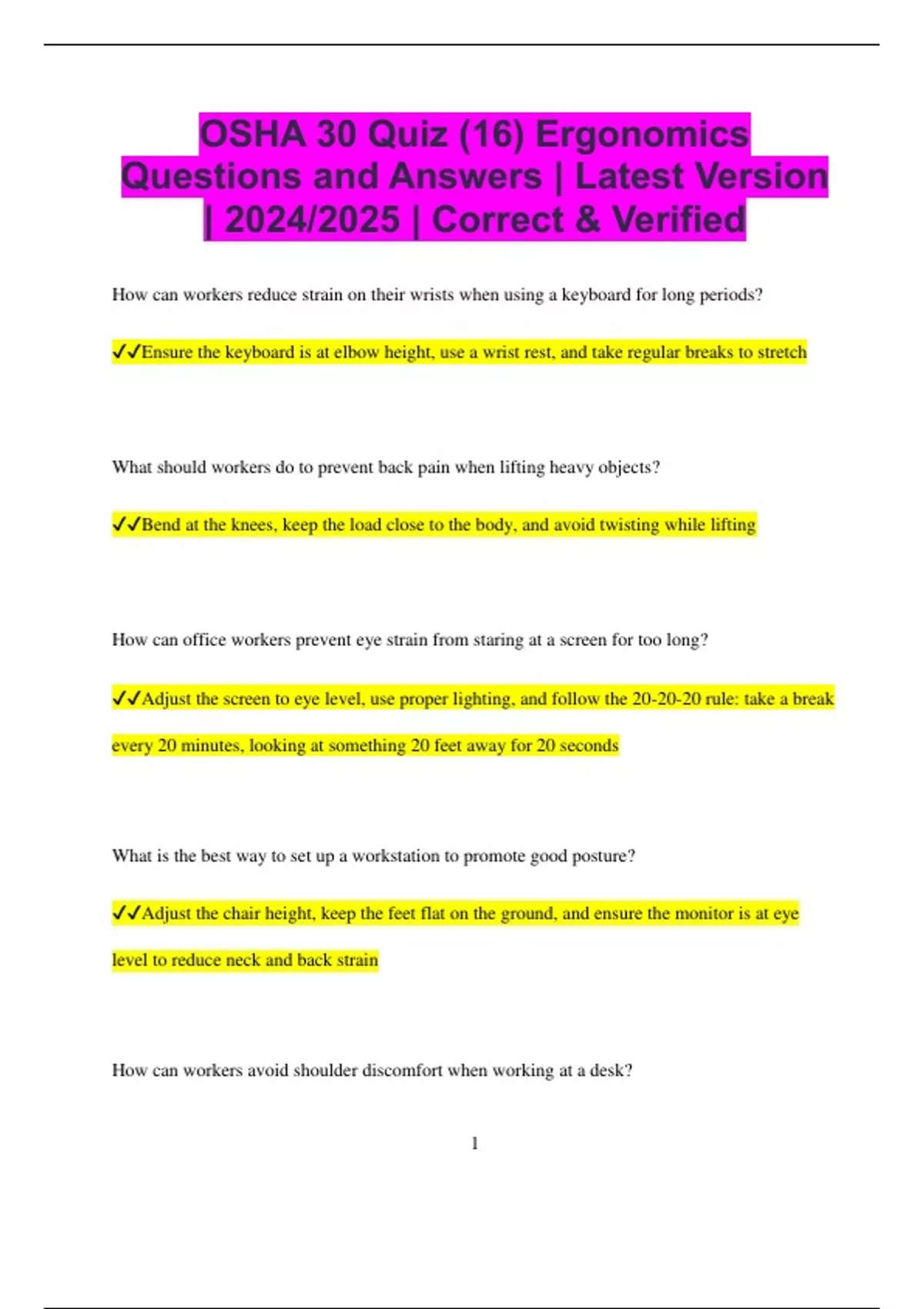 OSHA 30 Quiz (16) Ergonomics Questions and Answers | Latest Version ...