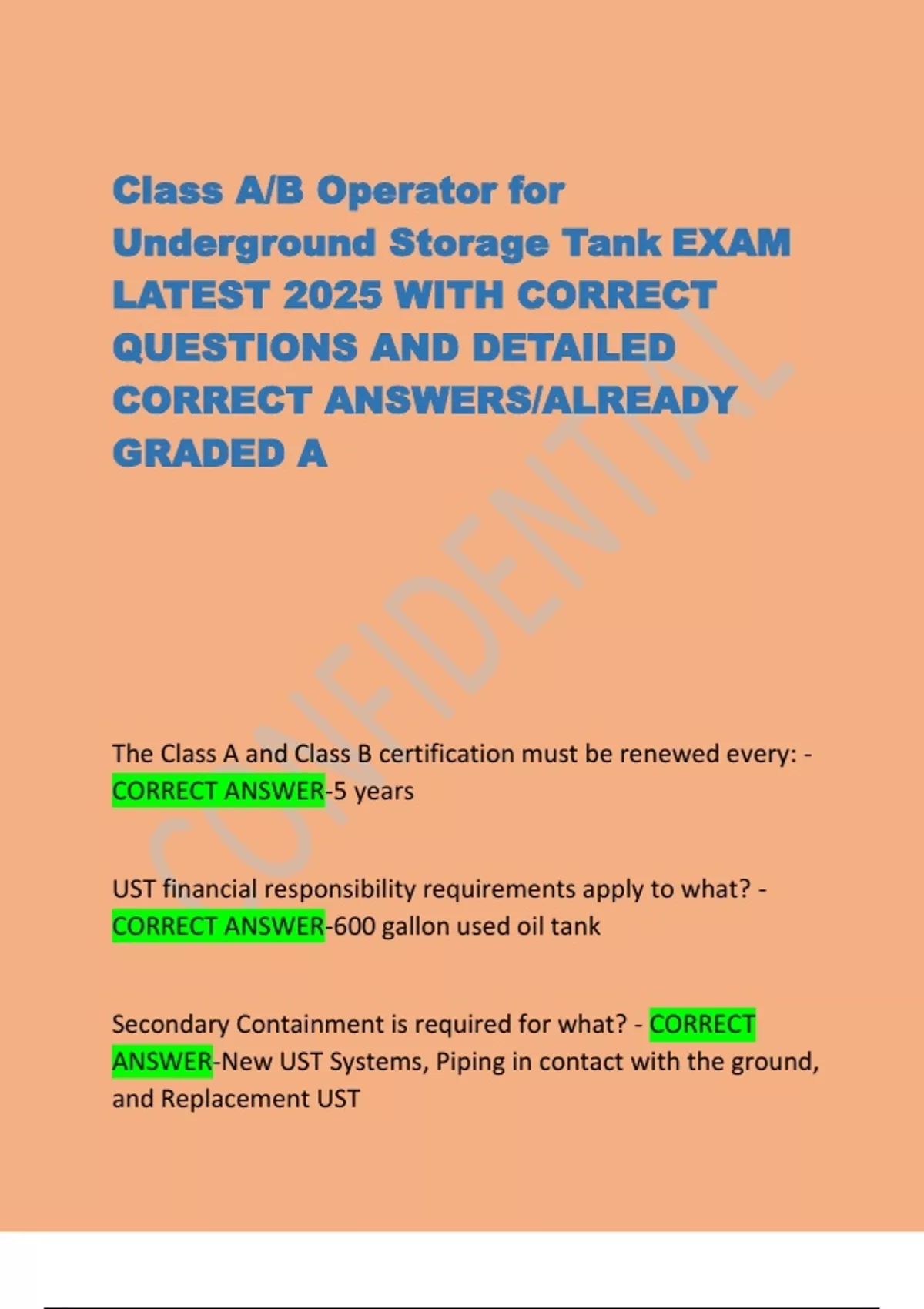 Class A/B Operator for Underground Storage Tank EXAM LATEST 2025 WITH ...