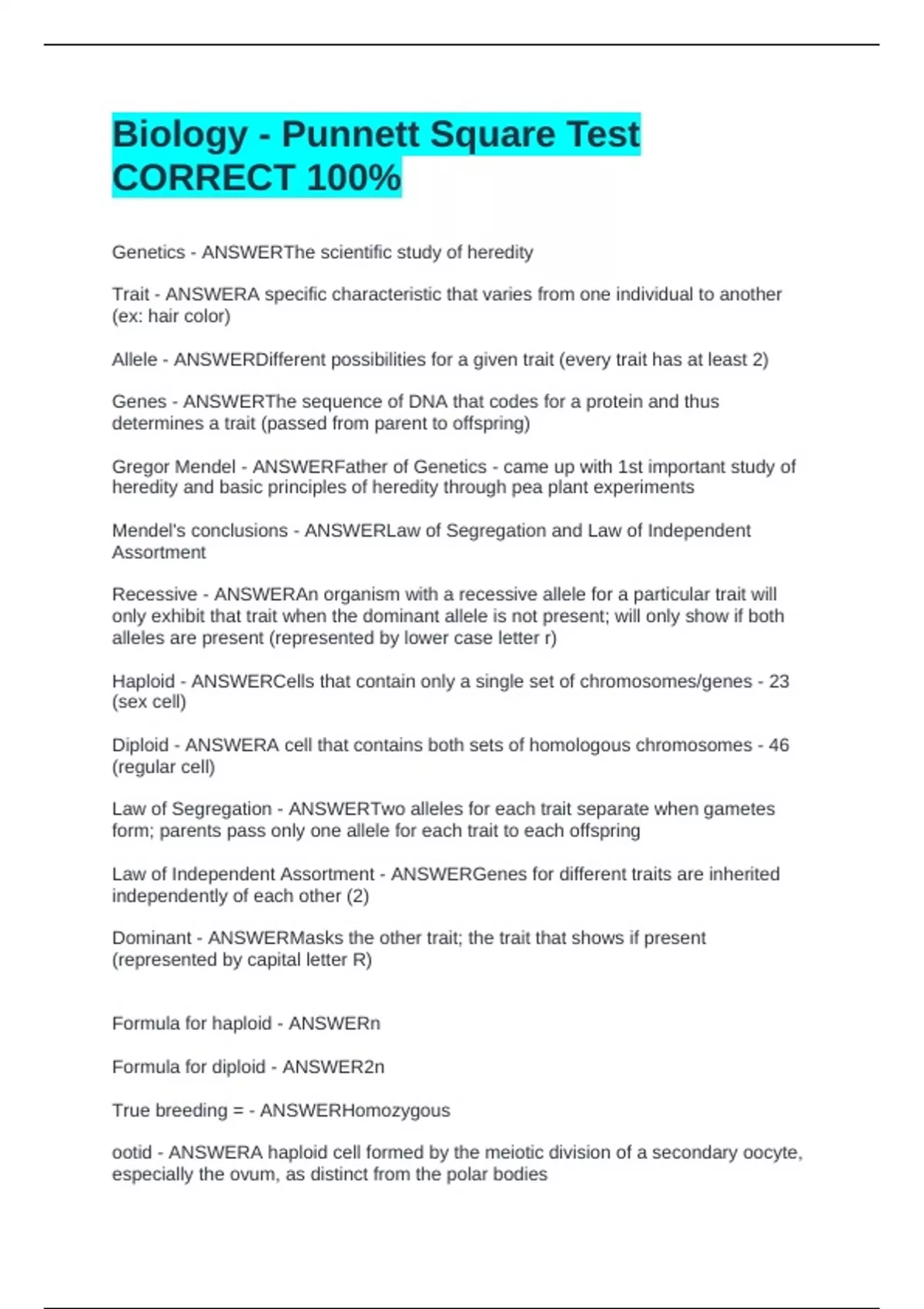 Biology - Punnett Square Test CORRECT 100% - Biology - Punnett Square ...