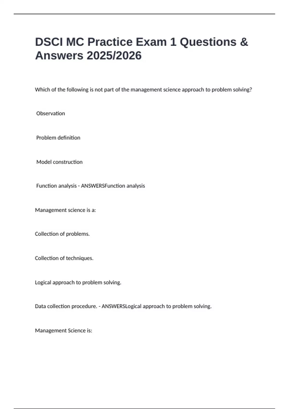 DSCI MC Practice Exam 1 Questions & Answers 2025/2026 - DSCI MC ...