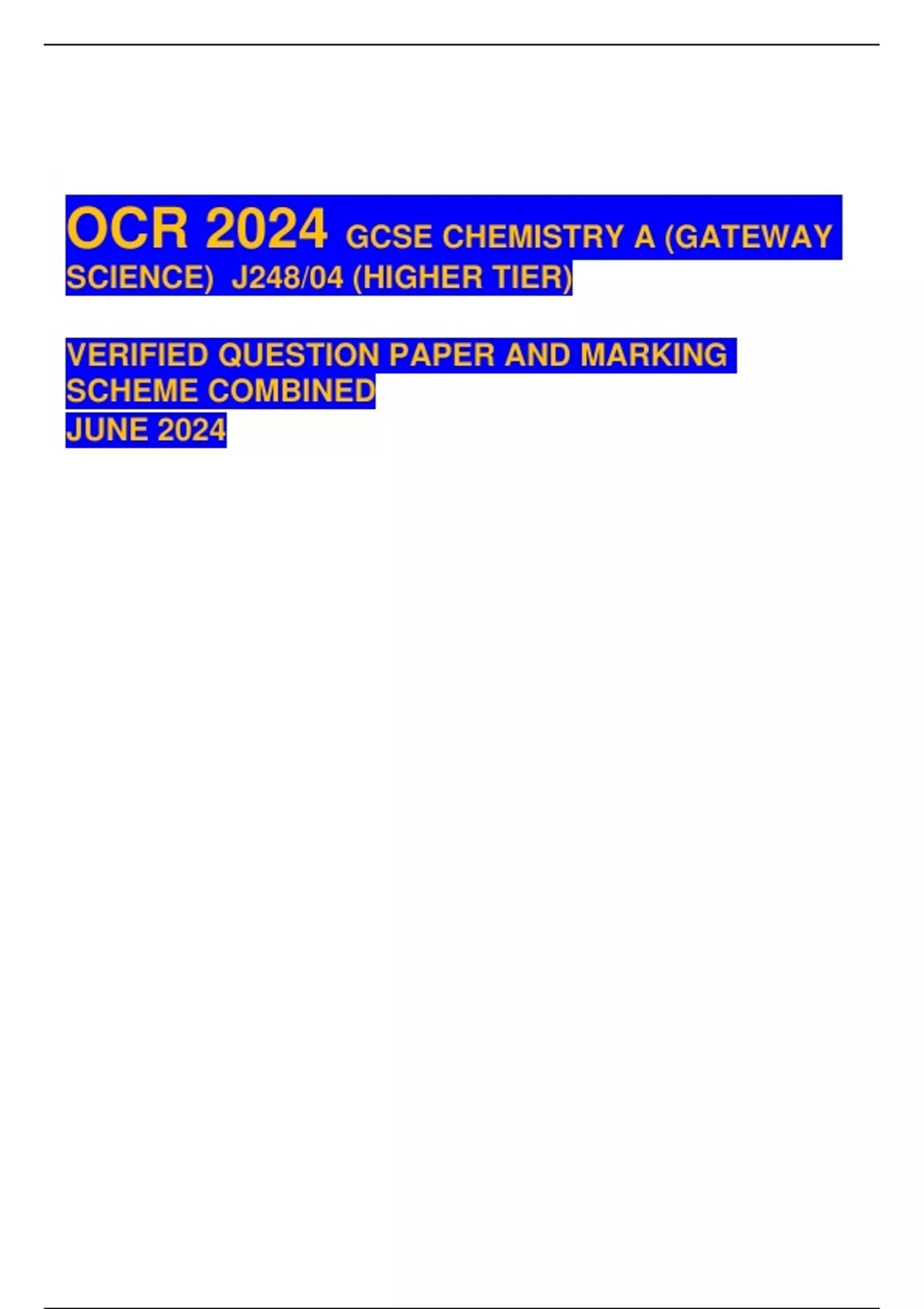 OCR 2024 GCSE CHEMISTRY A (GATEWAY SCIENCE) J248/04 (HIGHER TIER) VERIFIED QUESTION PAPER AND ...