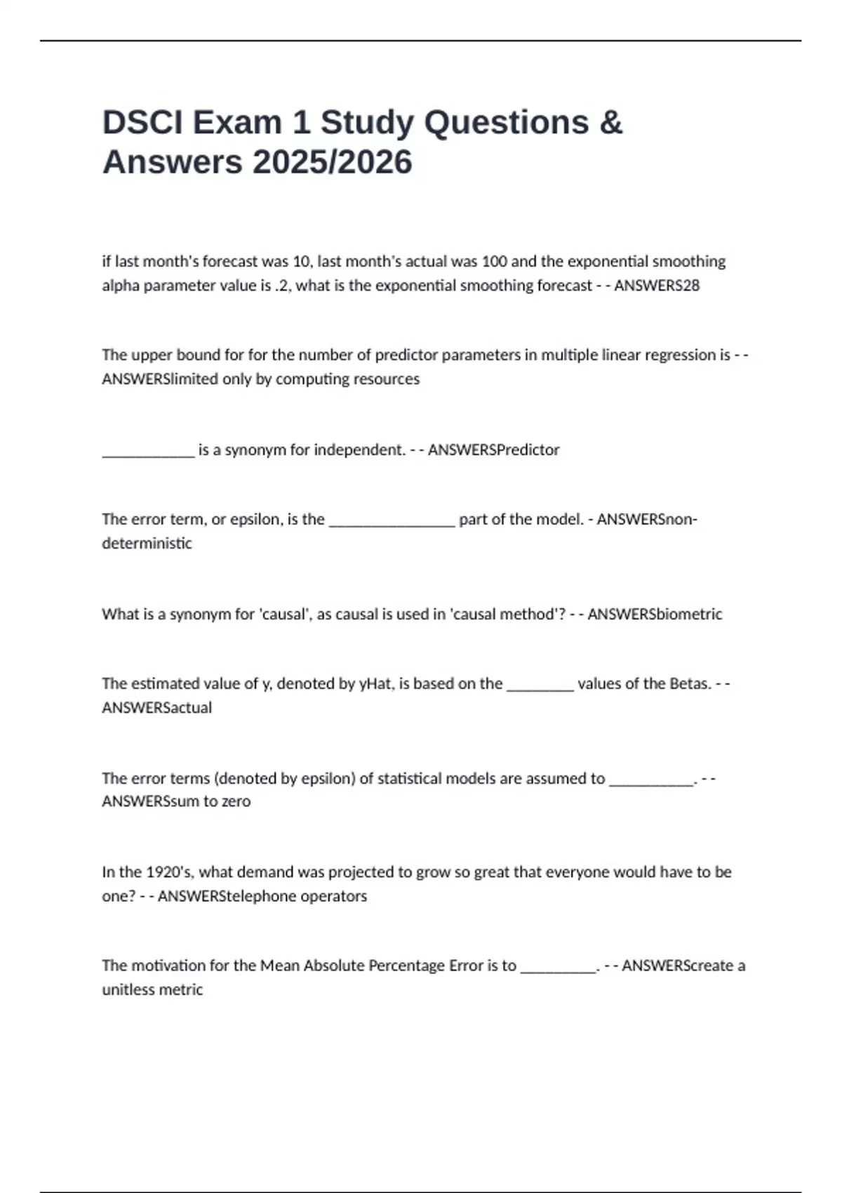DSCI Exam 1 Study Questions & Answers 2025/2026 - DSCI - Stuvia US