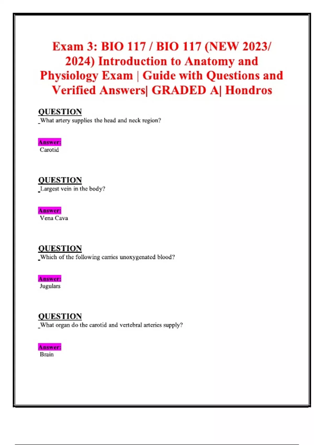 Exam 3: BIO 117 / BIO 117 (Latest 2023/ 2024) Introduction to Anatomy ...