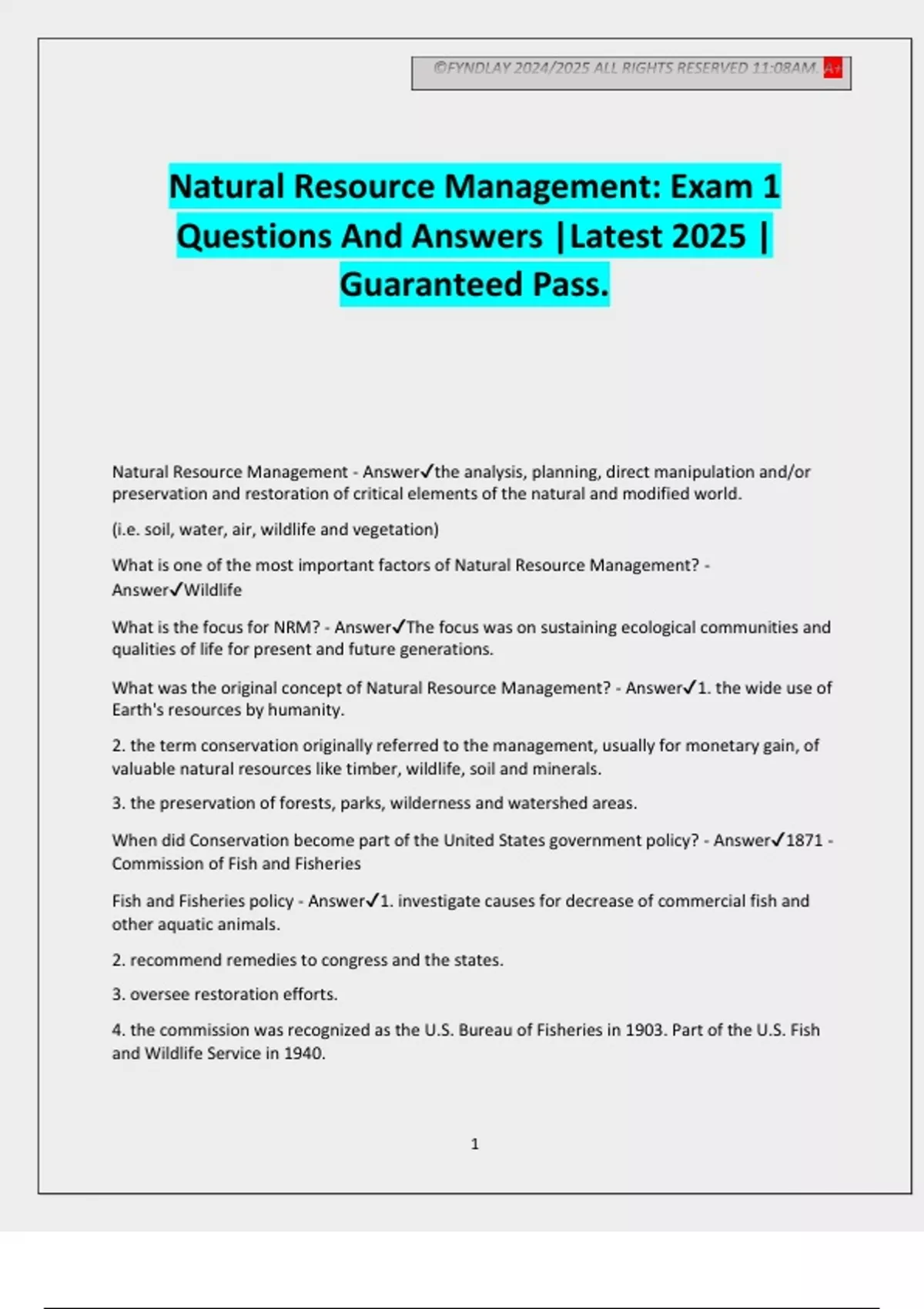 Natural Resource Management: Exam 1 Questions And Answers |Latest 2025 ...