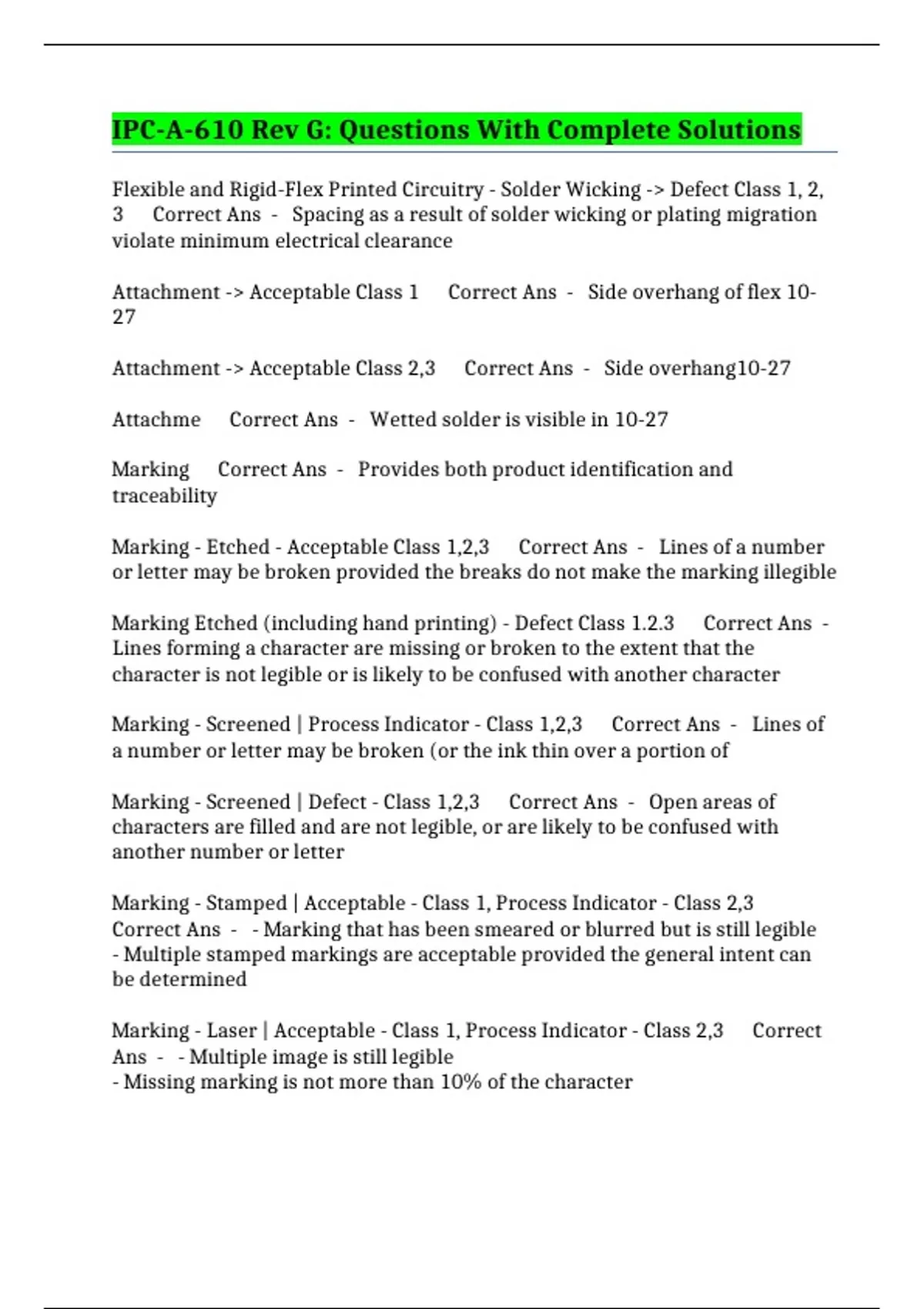 IPC-A-610 Rev G: Questions With Complete Solutions - IPC-A-610 - Stuvia US