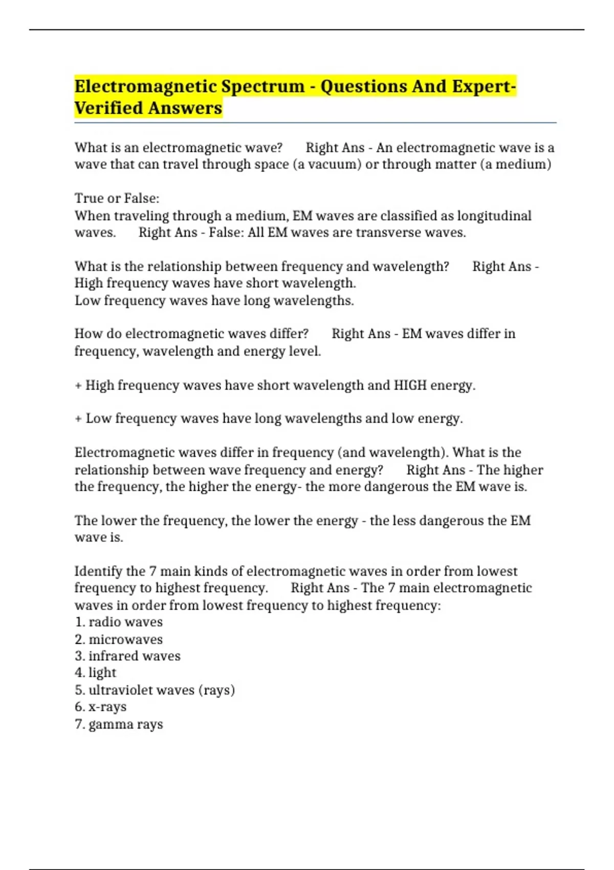 Electromagnetic Spectrum - Questions And Expert-Verified Answers - ELECTROMAGNETIC - Stuvia US