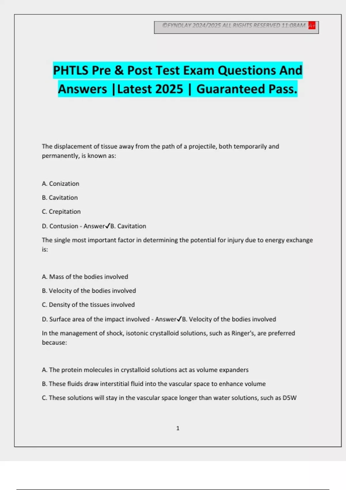 PHTLS Pre & Post Test Exam Questions And Answers |Latest 2025 ...