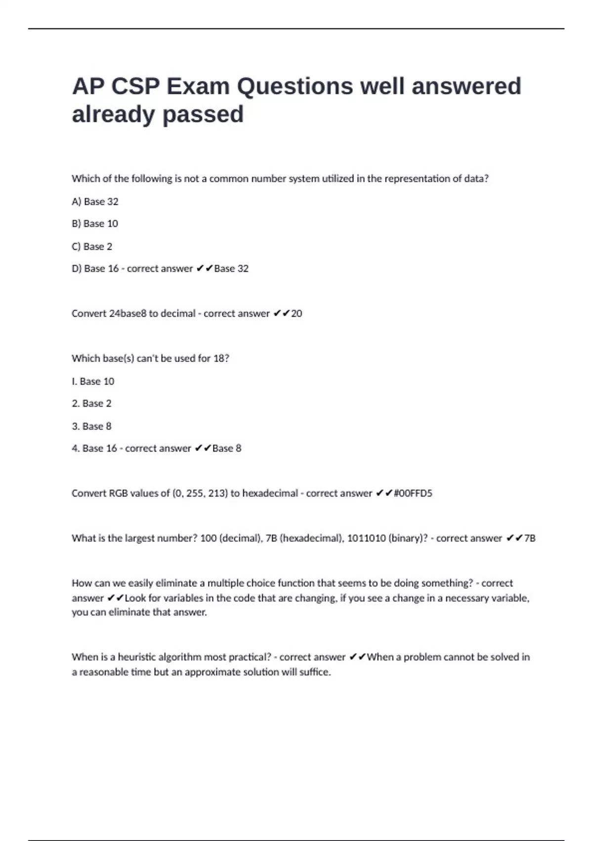 AP CSP correctly answered to pass (verified) solution pack! - Stuvia US