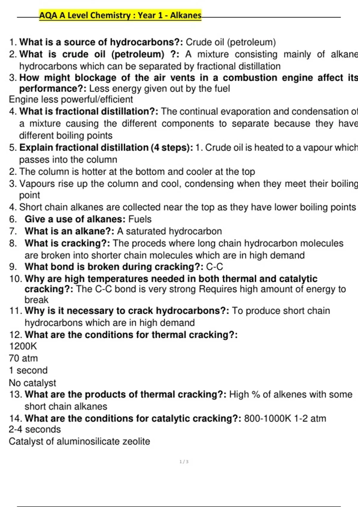 AQA A Level Chemistry Year 1 Alkanes exam verified answers guaranteed ...