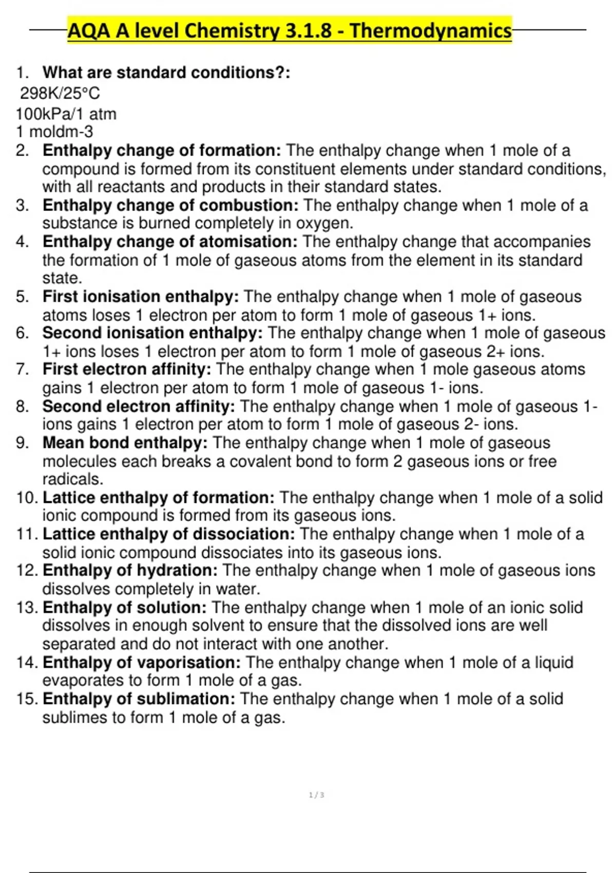 AQA A level Chemistry 3.1.8 Thermodynamics verified answers guaranteed ...