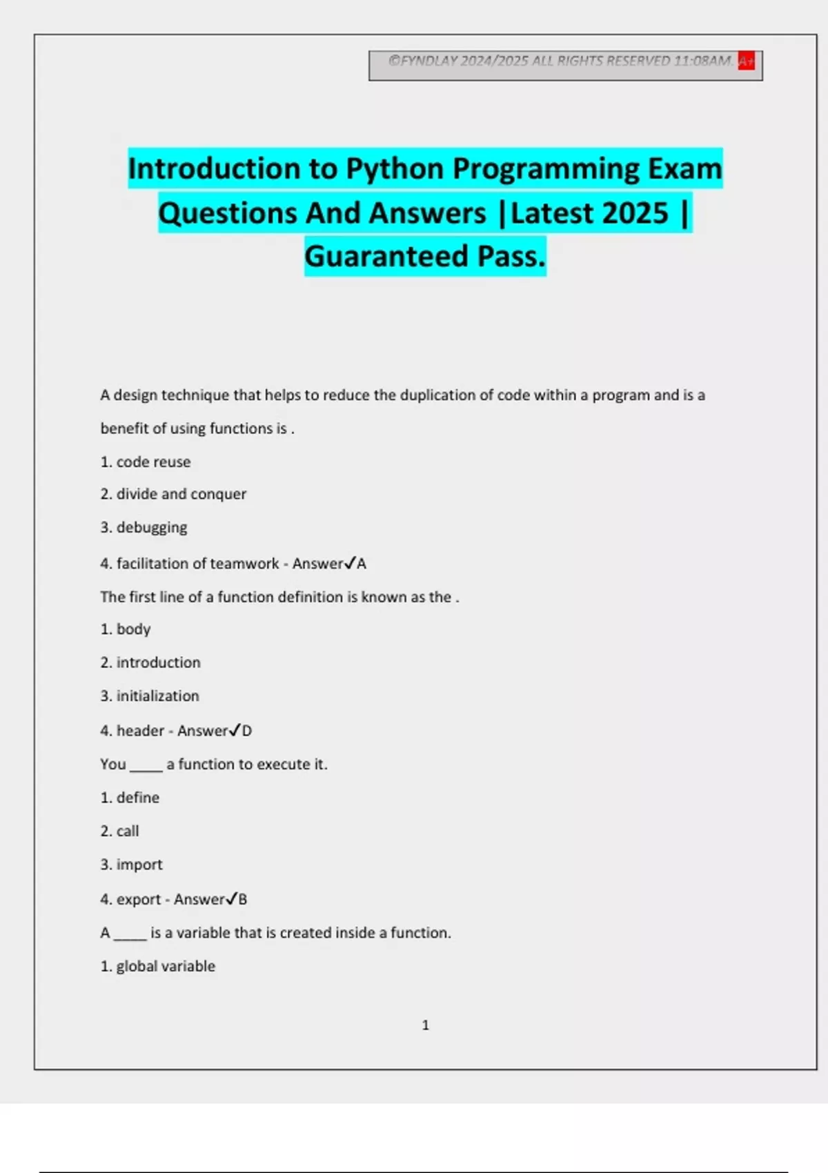 Introduction to Python Programming Exam Questions And Answers |Latest ...