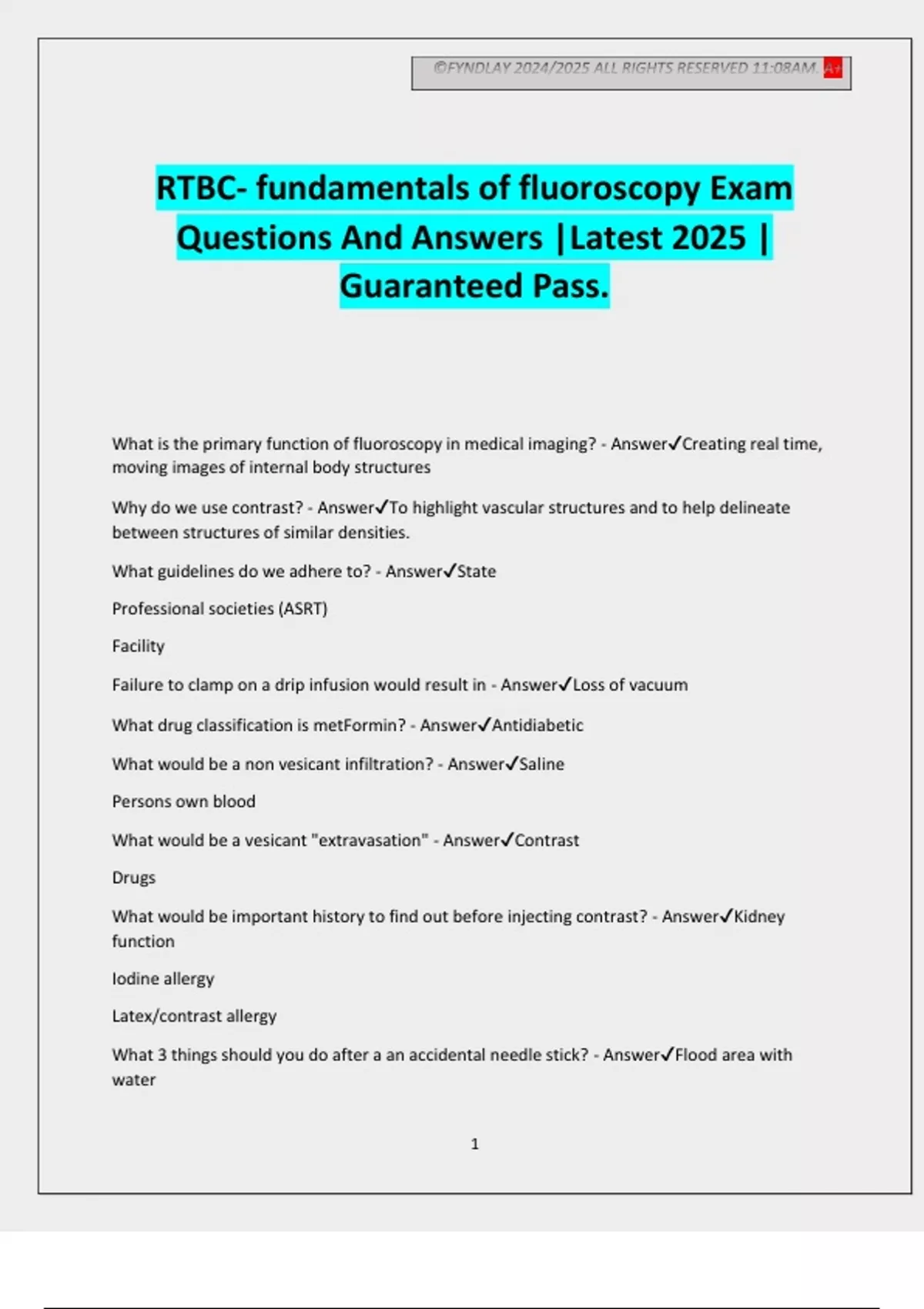 RTBC- fundamentals of fluoroscopy Exam Questions And Answers |Latest ...
