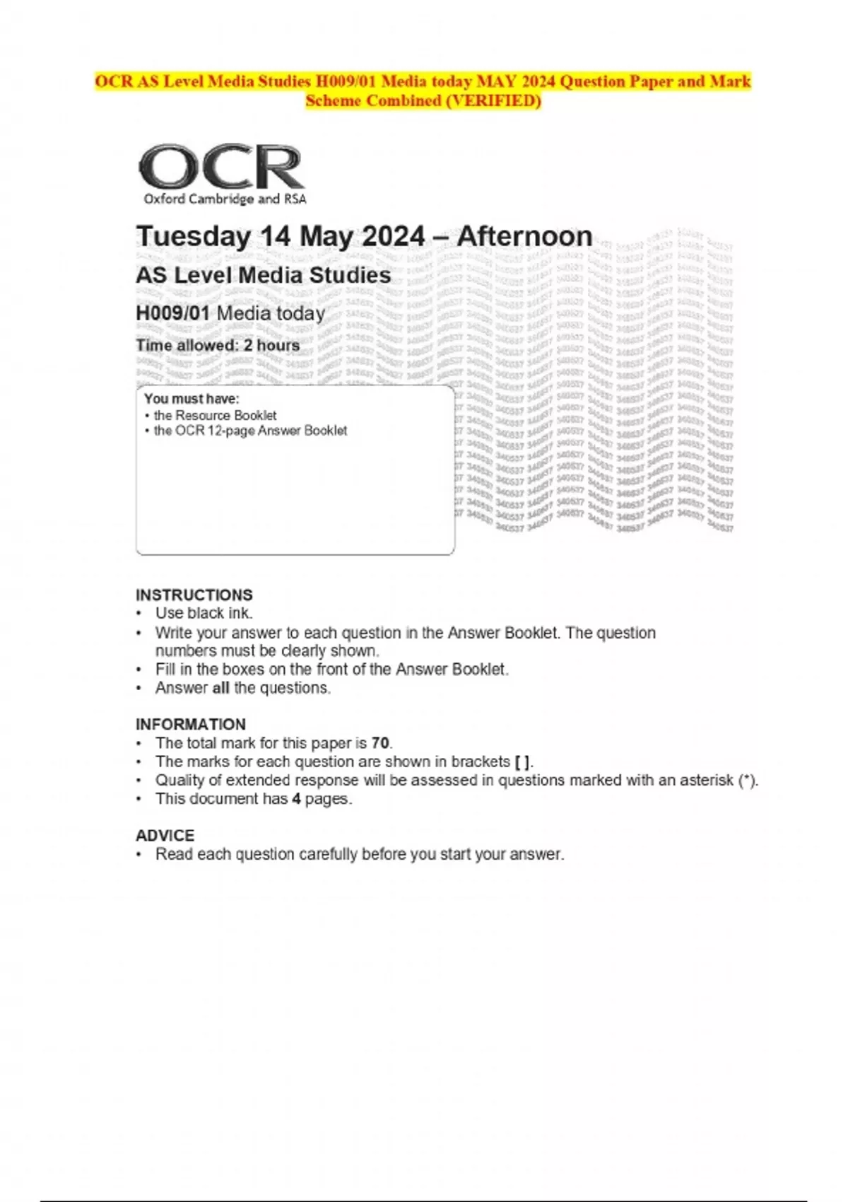 2024 OCR AS Level Media Studies H009/01 Media today MAY Question Paper ...