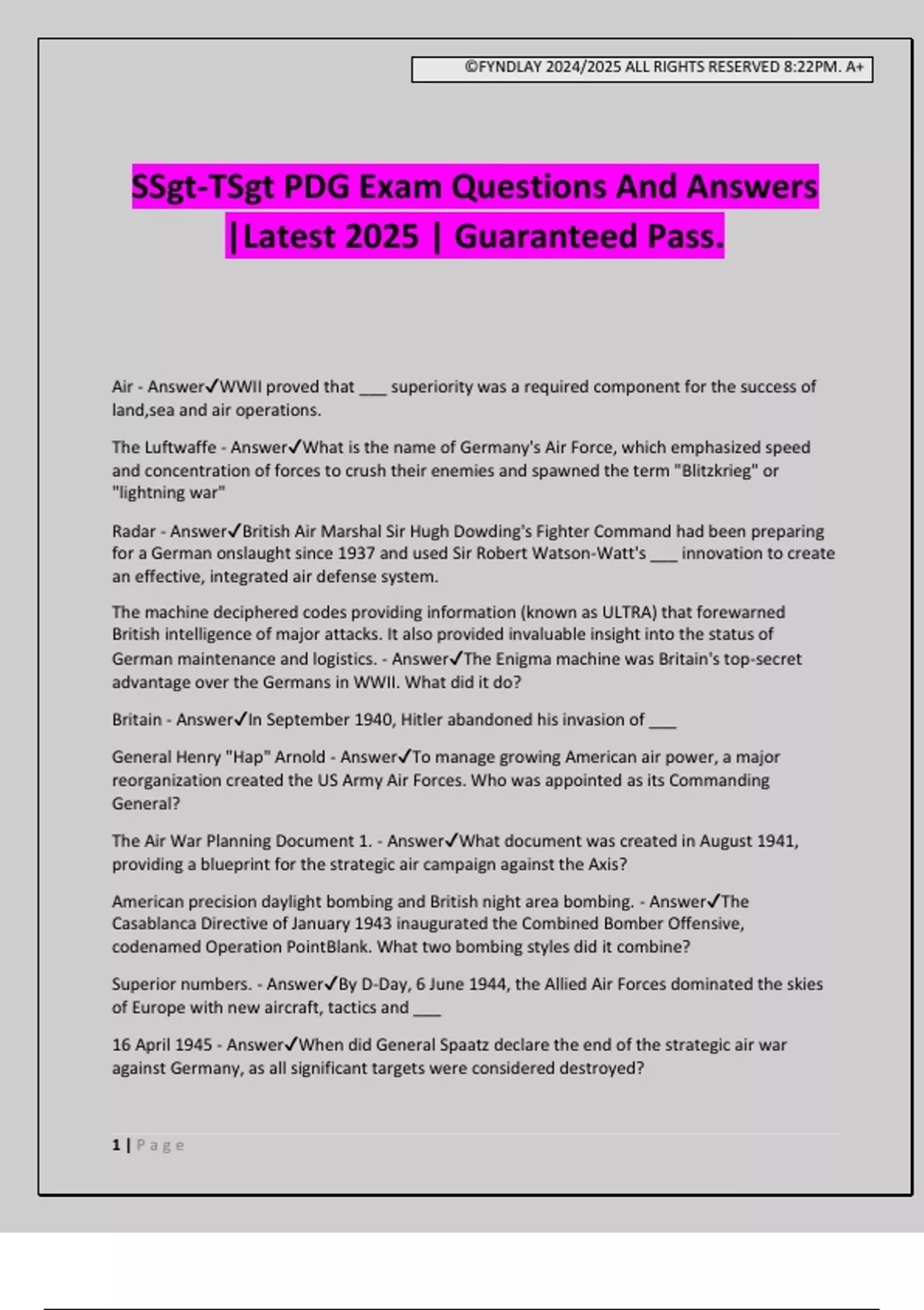 SSgt-TSgt PDG Exam Questions And Answers |Latest 2025 | Guaranteed Pass ...