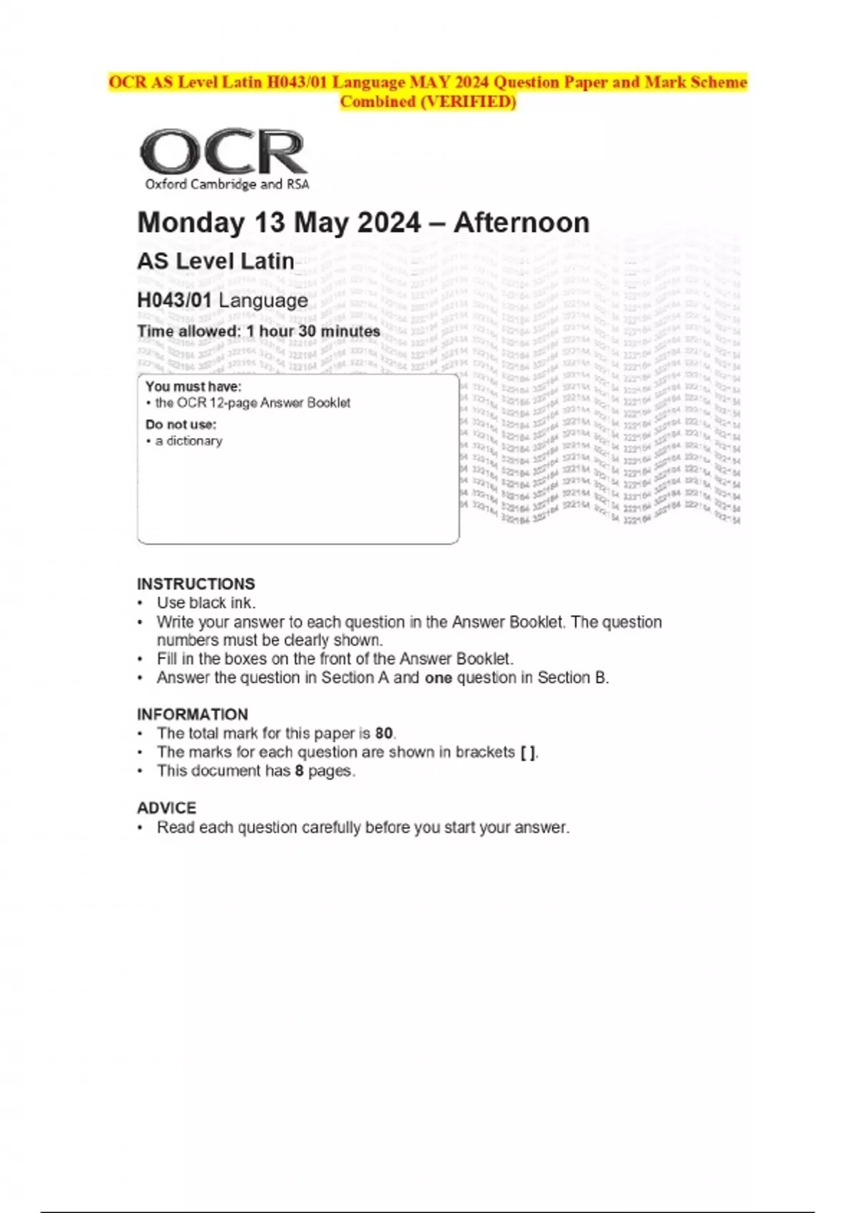 2024 OCR AS Level Latin H043/01 Language MAY Question Paper and Mark Scheme MERGED - Oxford ...