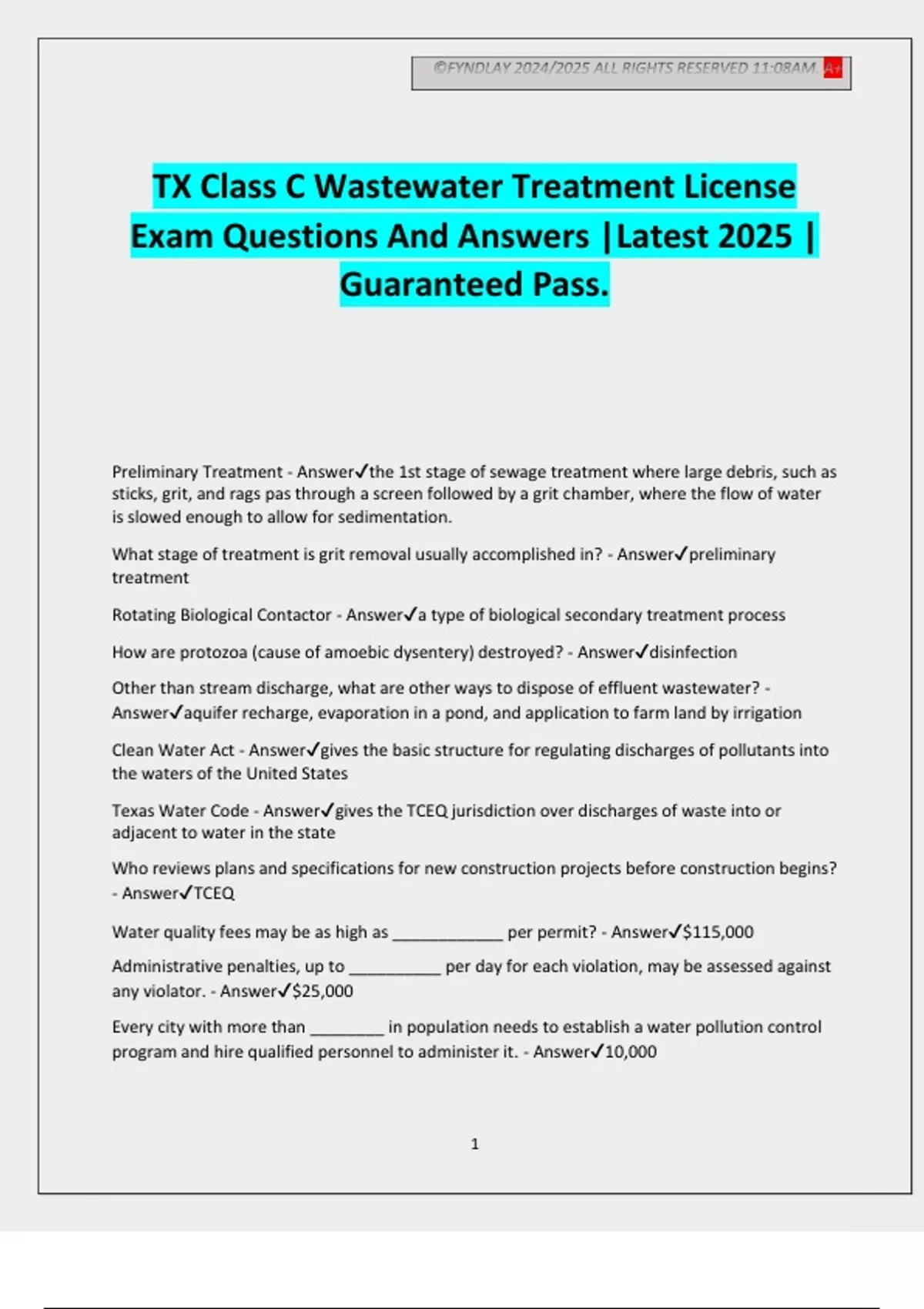 TX Class C Wastewater Treatment License Exam Questions And Answers ...