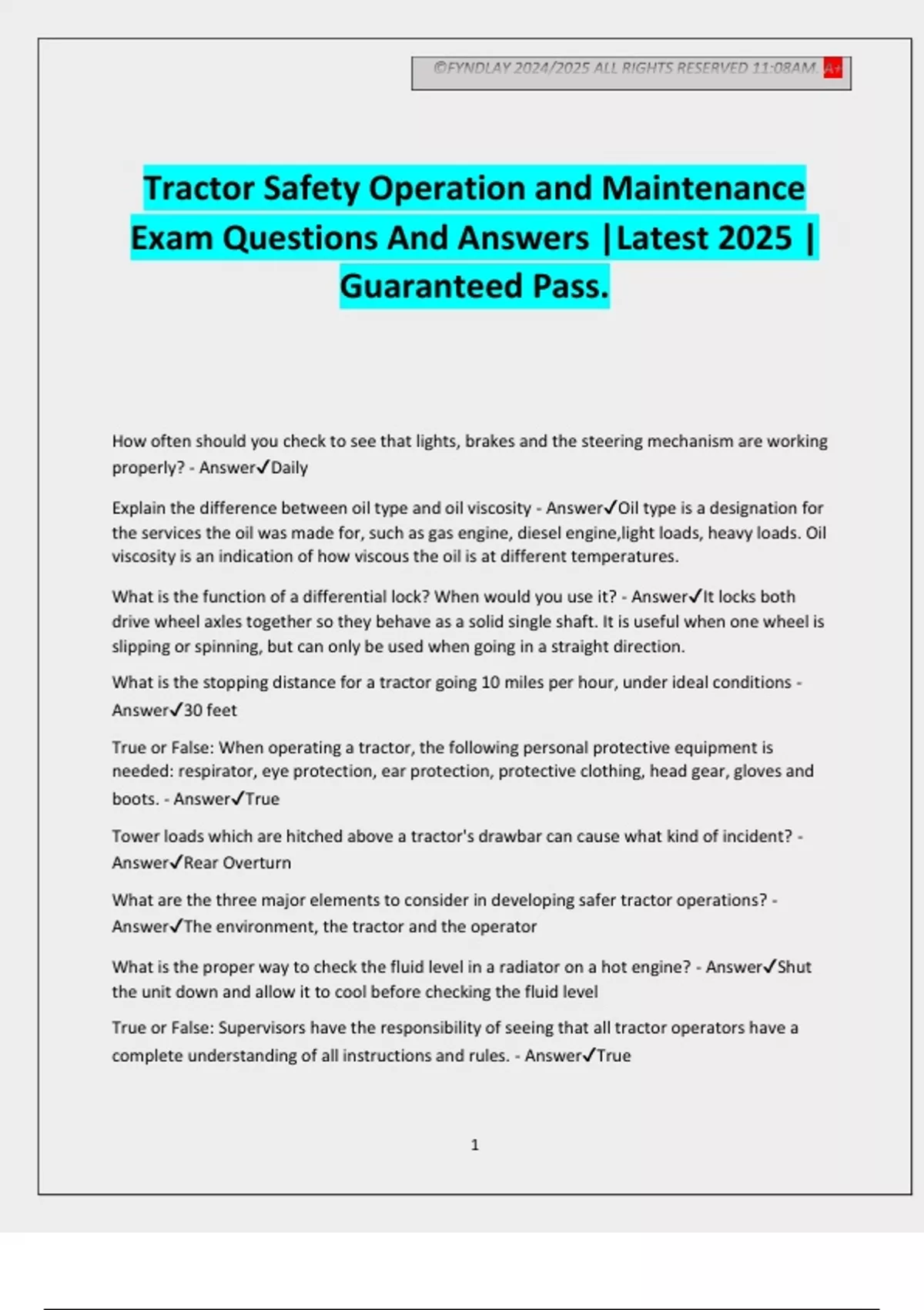 Tractor Safety Operation and Maintenance Exam Questions And Answers ...