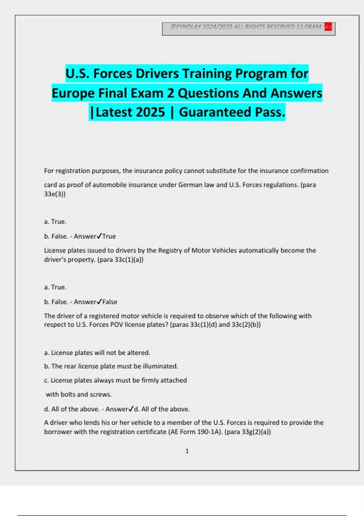 U.S. Forces Drivers Training Program for Europe Final Exam 2 Questions ...