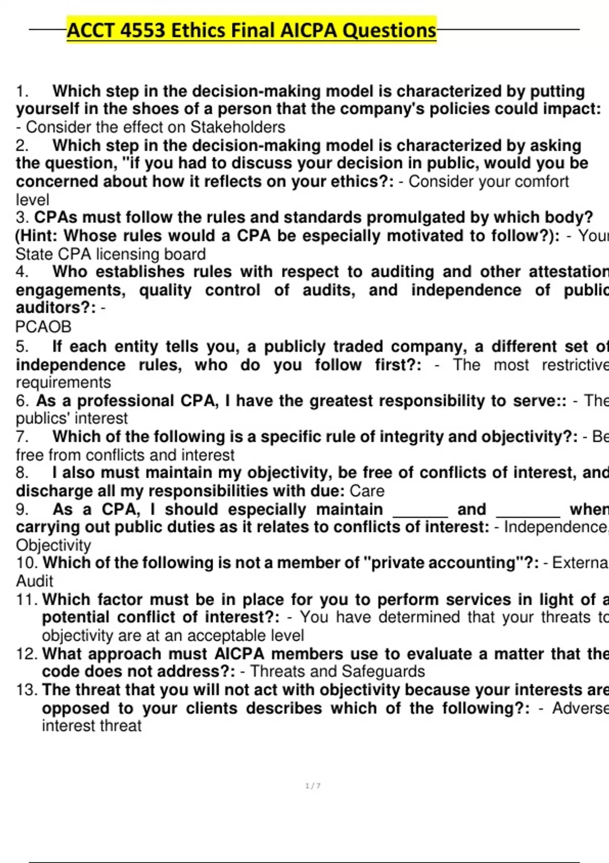 ACCT 4553 Ethics Final AICPA Questions Exam verified questions and answers guaranteed pass 2025 ...