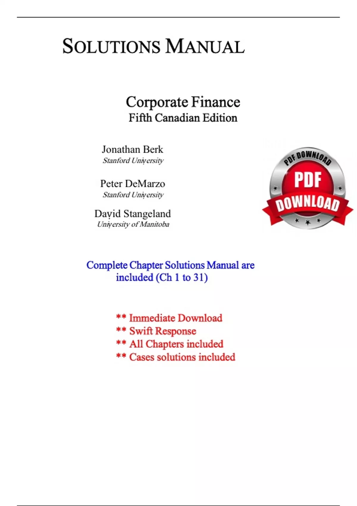 Solutions Manual for Corporate Finance, (Canadian Edition) 5th Edition by Berk (Ch 1 – 31 ...