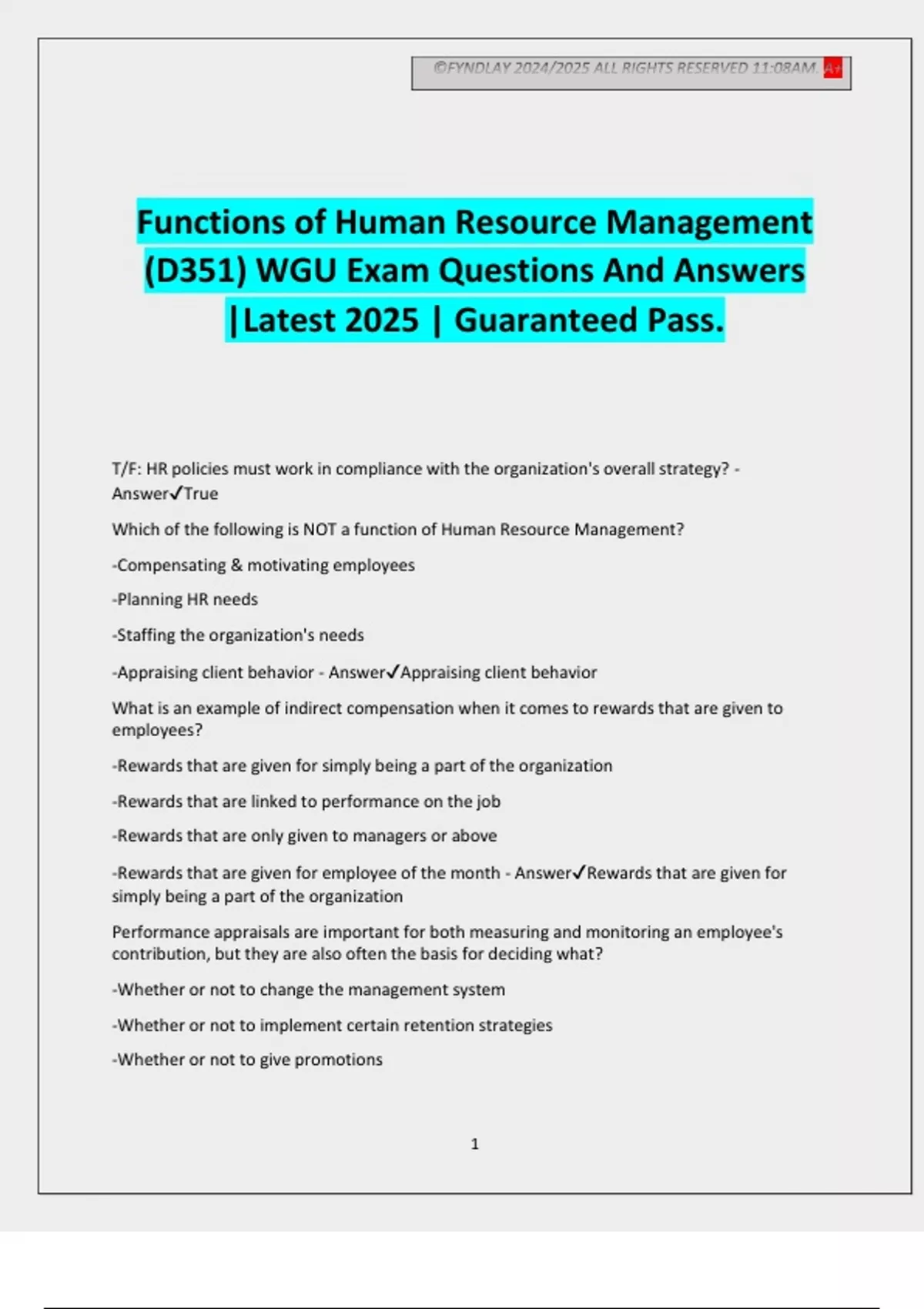 Functions of Human Resource Management (D351) WGU Exam Questions And ...
