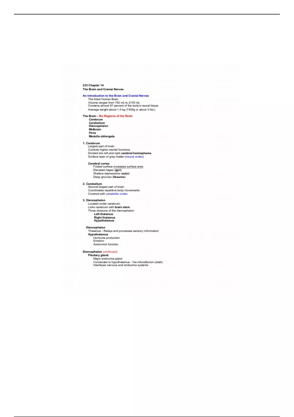 BIO 233 Anatomy and Functions of Major Brain Structures Summary - BIO ...