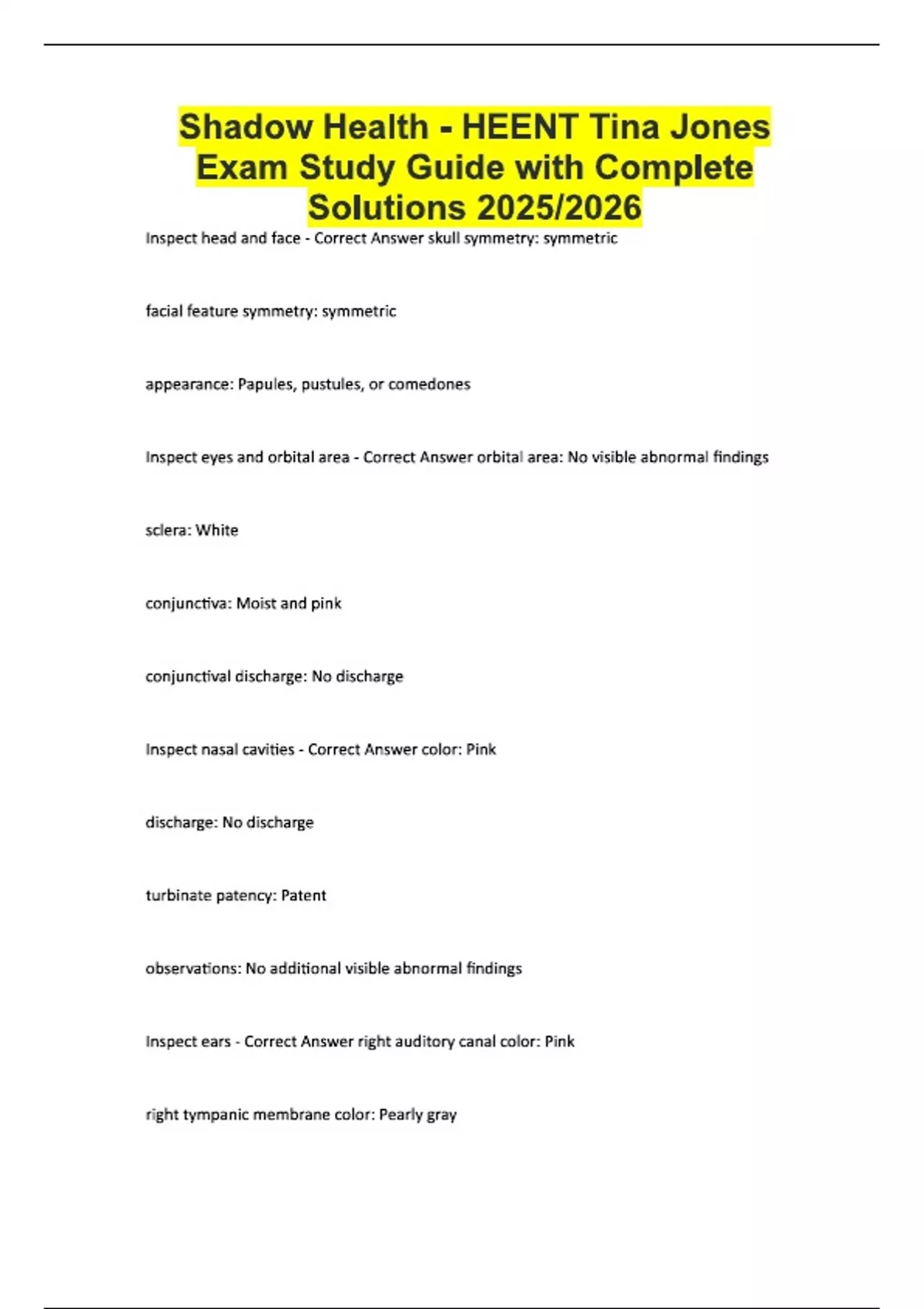 Shadow Health - HEENT Tina Jones Exam Study Guide with Complete ...
