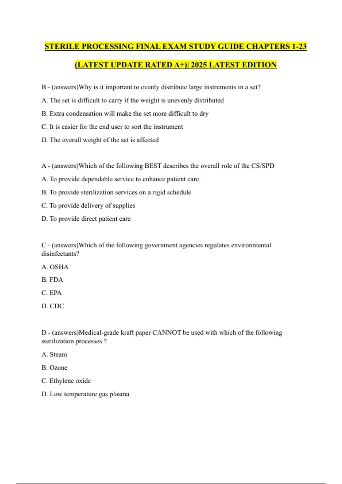 STERILE PROCESSING FINAL EXAM STUDY GUIDE CHAPTERS 1-23 (LATEST UPDATE ...