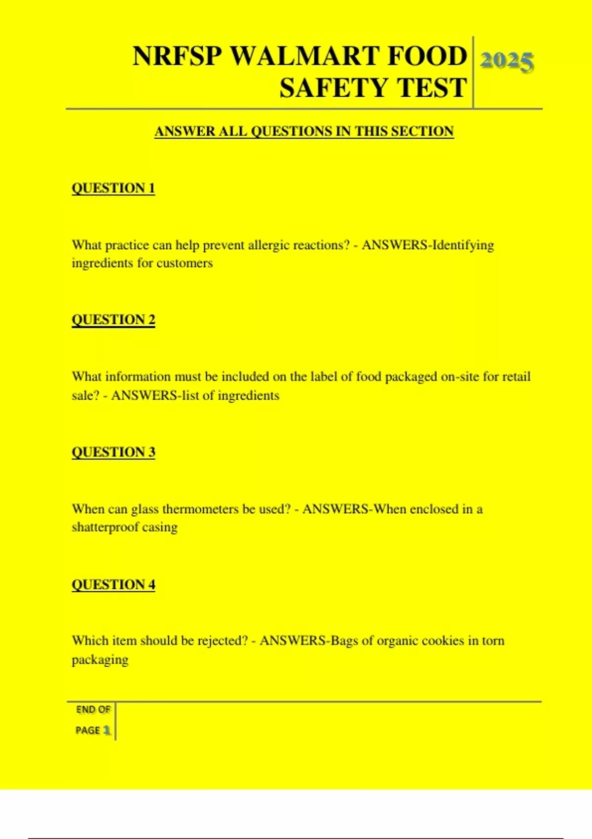 NRFSP WALMART FOOD SAFETY TEST QUESTIONS AND ANSWERS 2025 - NRFSP ...