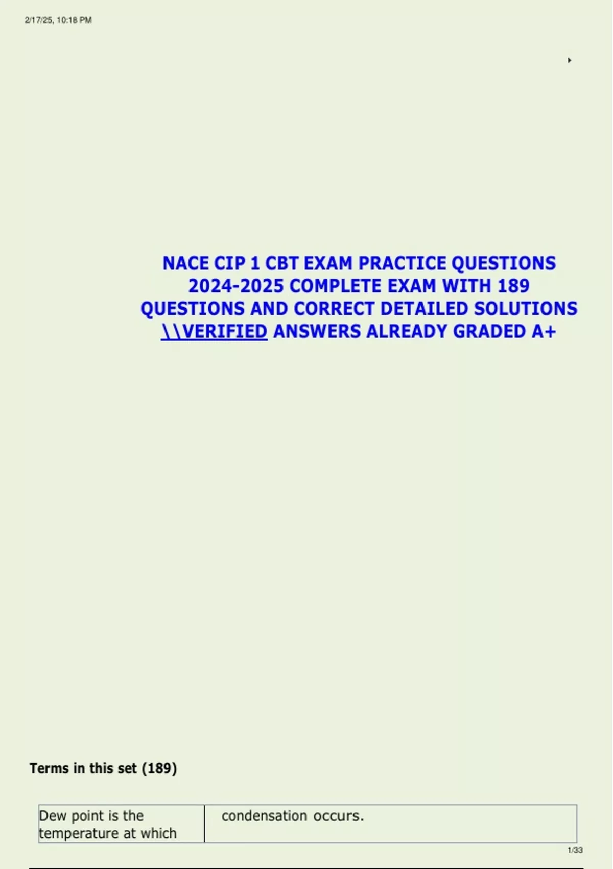 NACE CIP 1 CBT EXAM PRACTICE QUESTIONS COMPLETE EXAM WITH 189 QUESTIONS ...