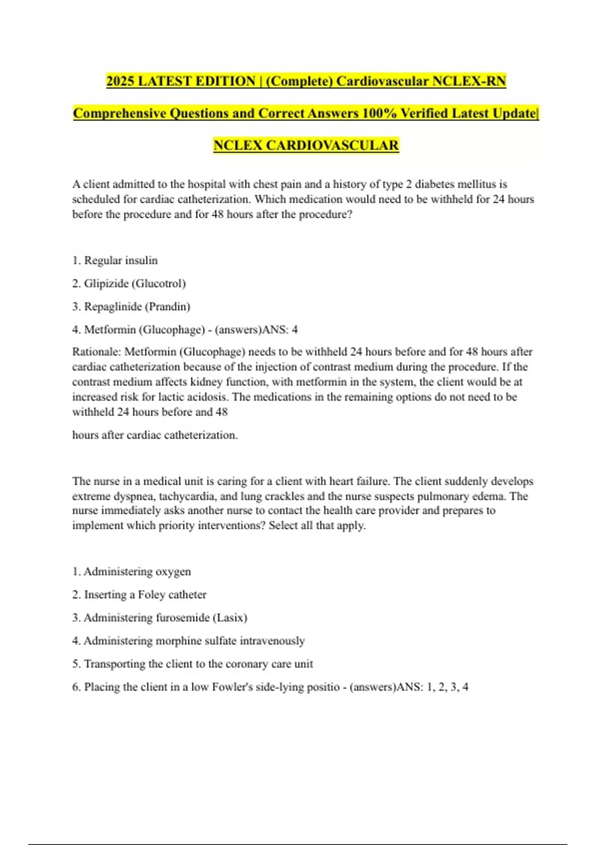 2025 LATEST EDITION | (Complete) Cardiovascular NCLEX-RN Comprehensive ...