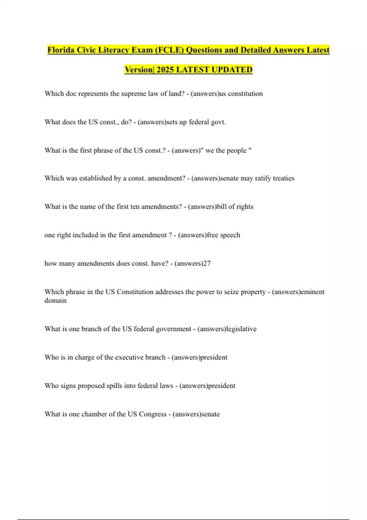 Florida Civic Literacy Exam (FCLE) Questions and Detailed Answers ...