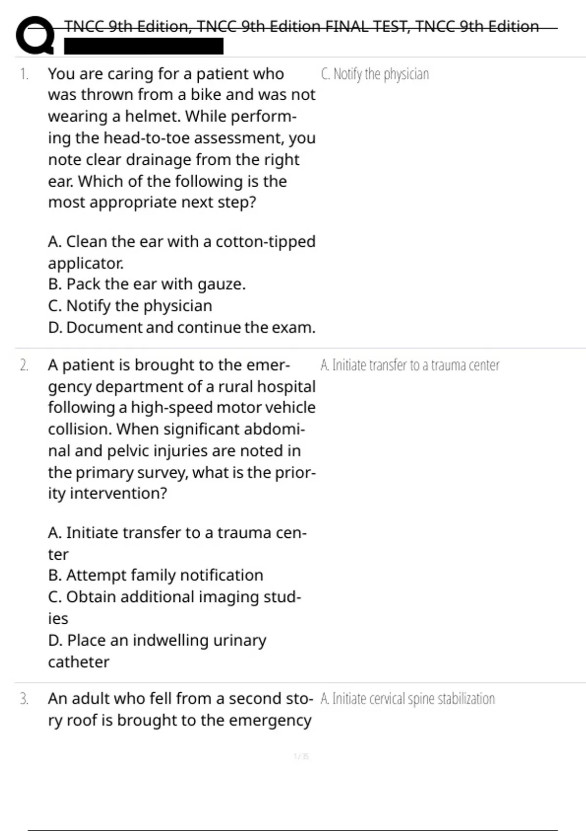 Actual exam for TNCC 9th Edition FINAL TEST (2025) comprehensive ...