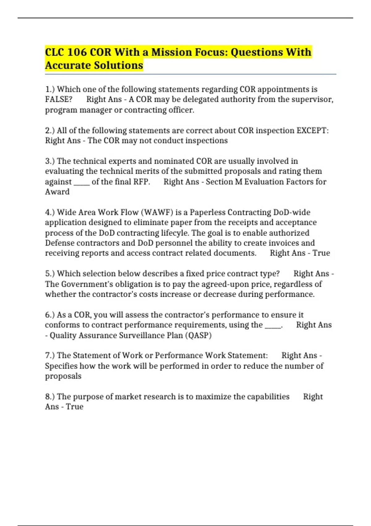 CLC 106 COR With a Mission Focus: Questions With Accurate Solutions ...