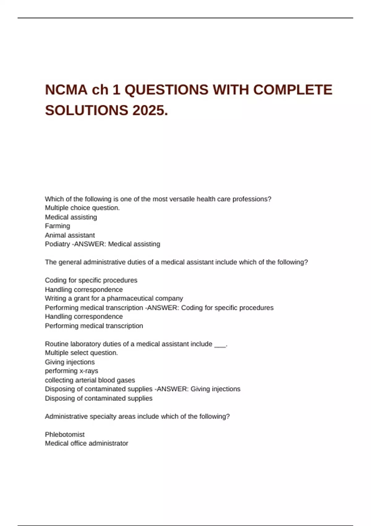 NCMA ch 1 QUESTIONS WITH COMPLETE SOLUTIONS 2025 - NCMA ch 1 - Stuvia US