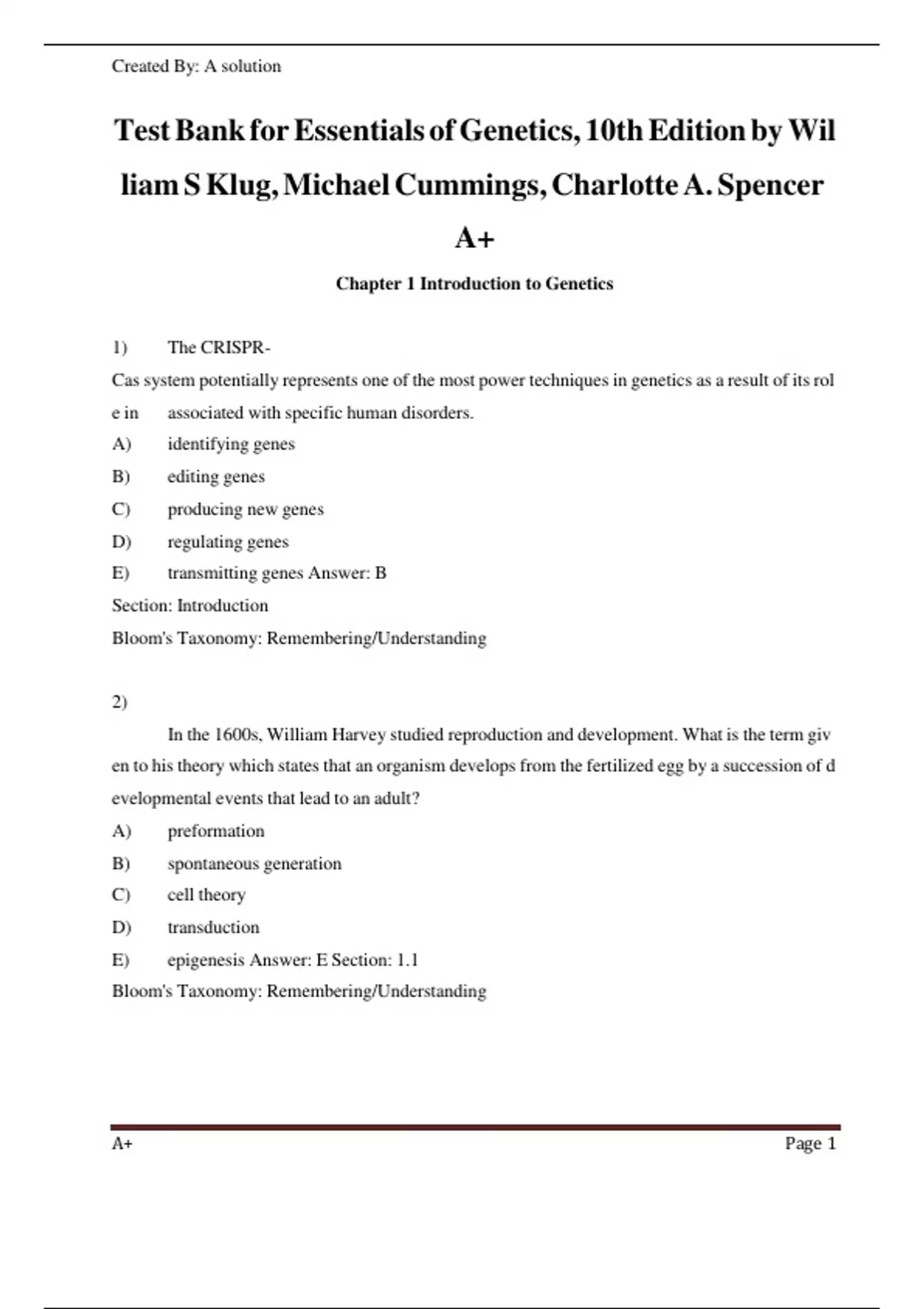 Test Bank - Essentials of Genetics 10th Edition by William Klug, All ...