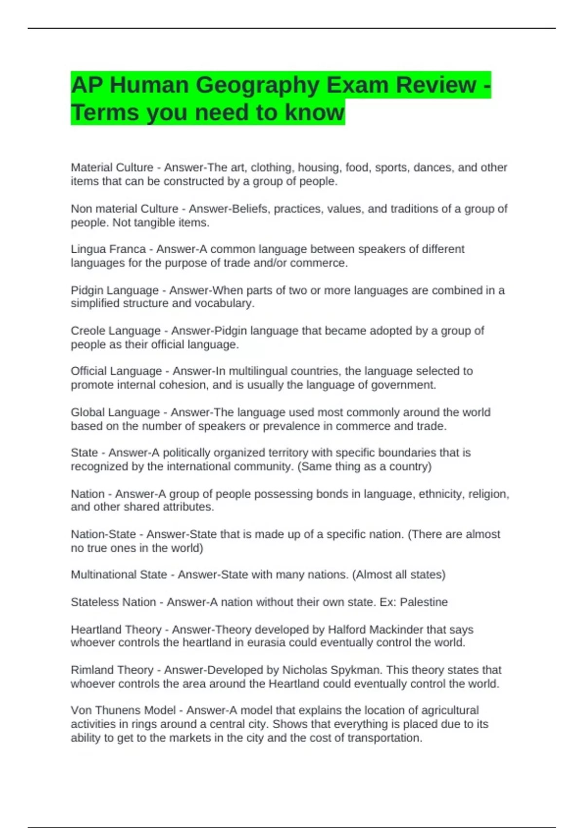 AP Human Geography Exam Review - Terms you need to know - Human ...