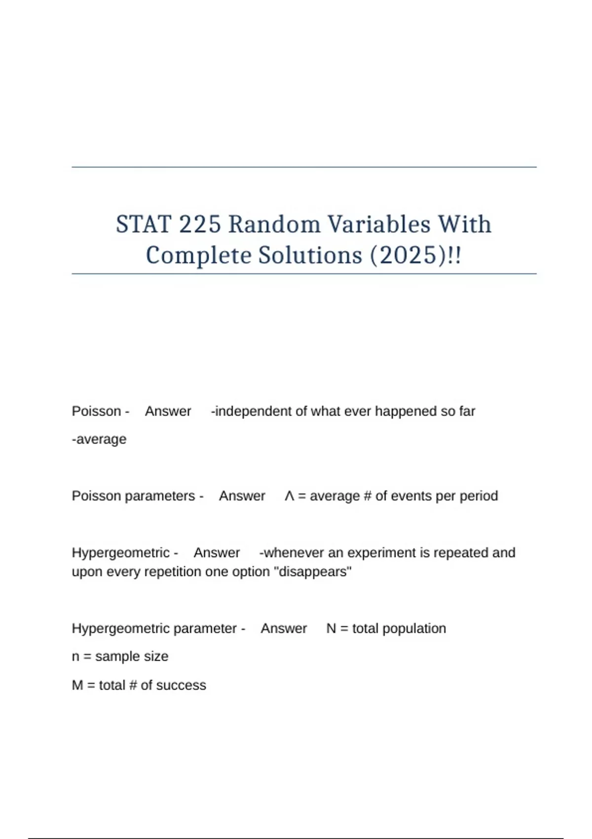 STAT 225 Random Variables With Complete Solutions (2025)!! - STAT 225 - Stuvia US