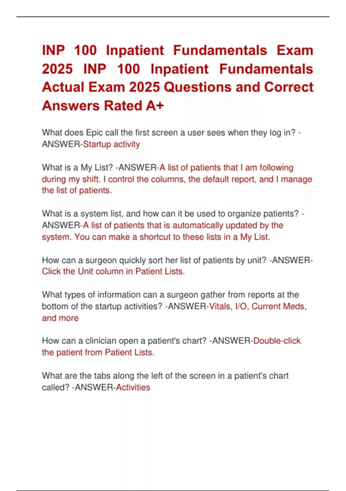 INP 100 Inpatient Fundamentals Exam 2025 INP 100 Inpatient Fundamentals ...