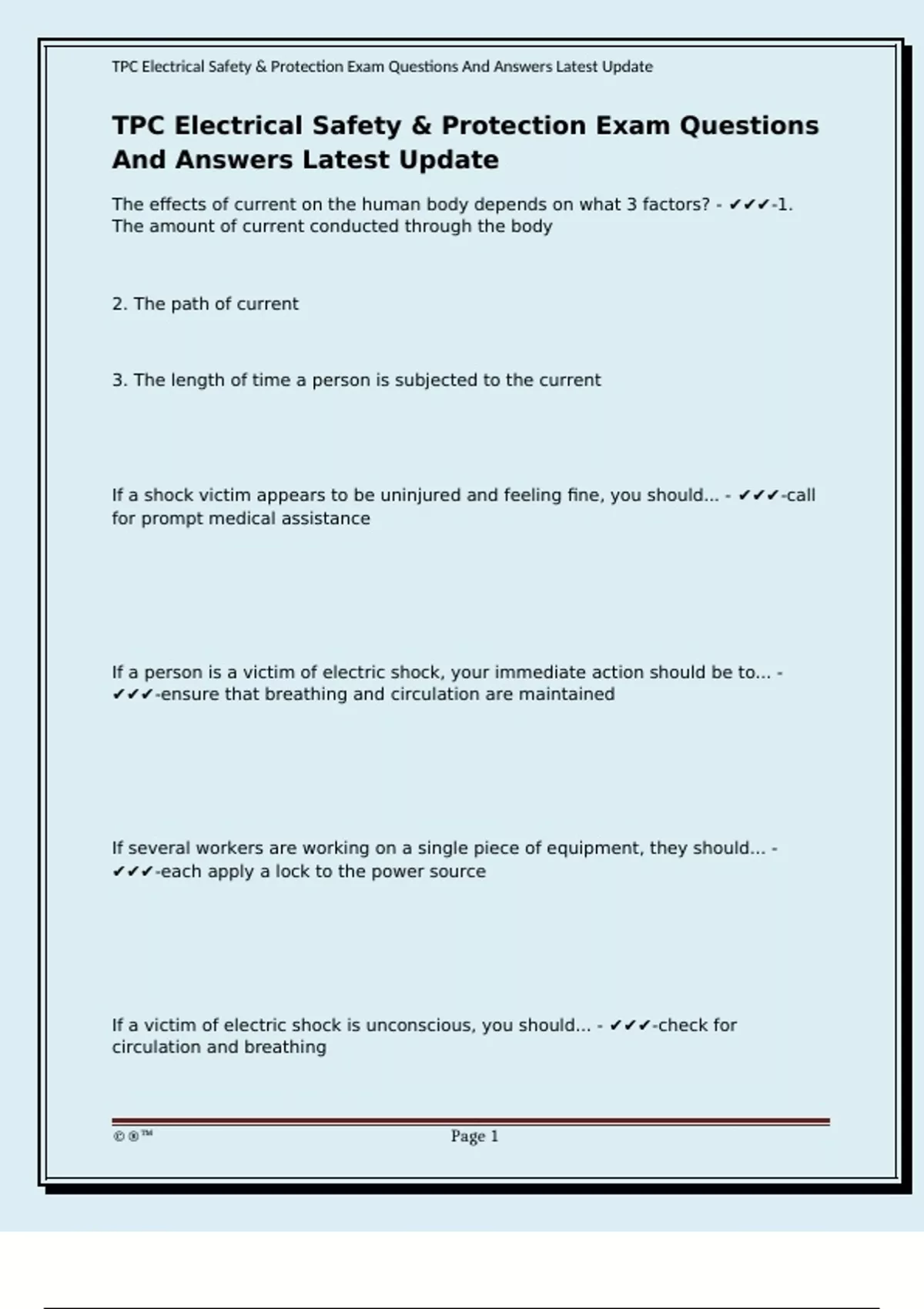 TPC Electrical Safety & Protection Exam Questions And Answers Latest ...