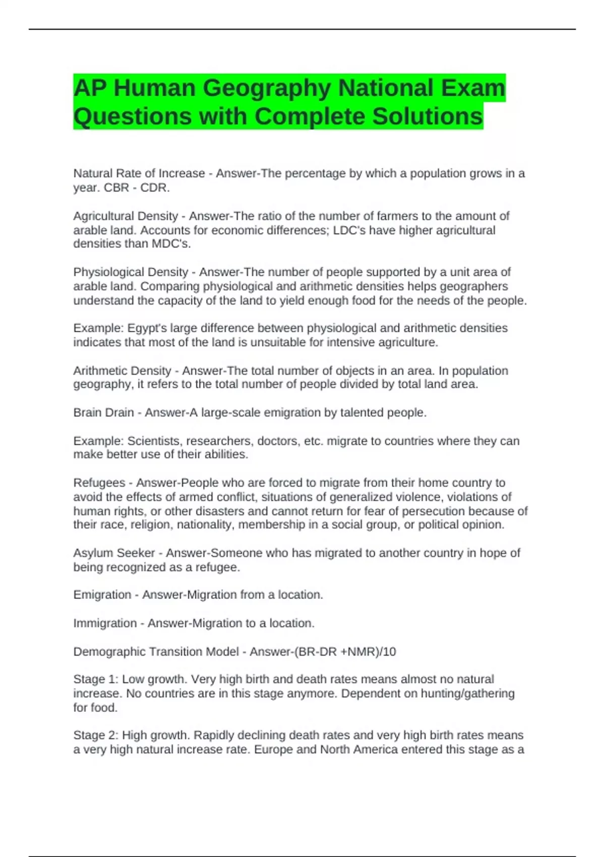 AP Human Geography National Exam Questions with Complete Solutions ...