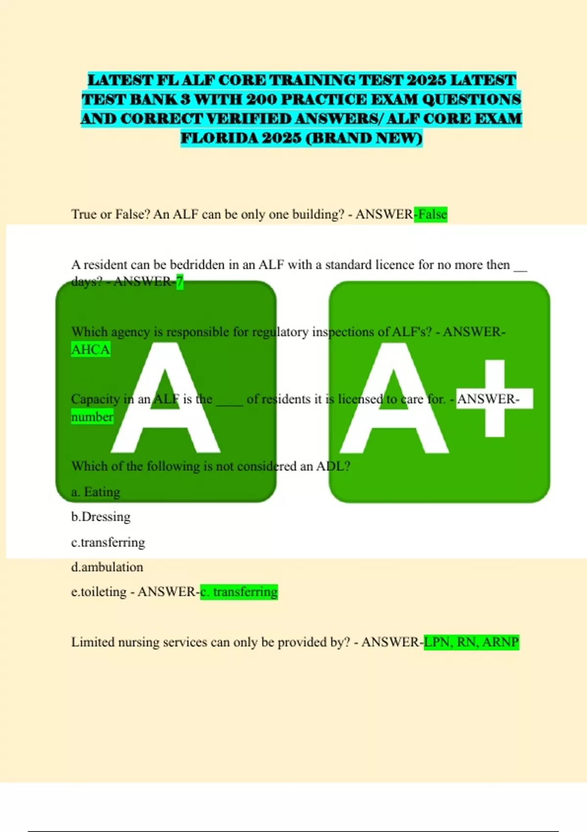 LATEST FL ALF CORE TRAINING TEST 2025 LATEST TEST BANK 3 WITH 200 ...